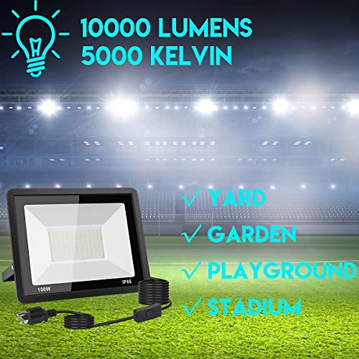 2-Pack 100W LED Flood Light Outdoor,10000LM LED Work Light with Plug and Switch,IP66 Waterproof Exterior Security Lights,5000K Daylight White Outdoor Floodlights for Yard,Garden,Playground,Stadium.