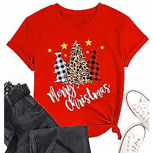 MAIHUN Merry Christmas Shirts for Women Leopard Plaid Christmas Trees Shirt Xmas Holiday Tee Tops