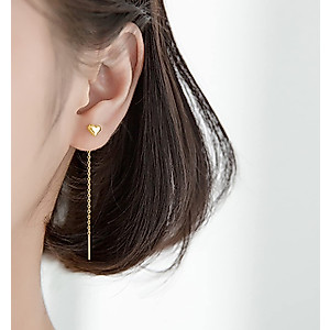 Reffeer 925 Sterling Silver Tiny Cute Heart Dangle Earrings Chain for Women Teens Heart Threader Earrings Tassel (B-Gold)