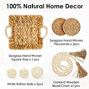 Decorative Tray Square Woven Storage Baskets with Wood Bead Handles Boho Coffee Table Decor Hand-Woven Wicker Serving Tray for Coffee/Fruit