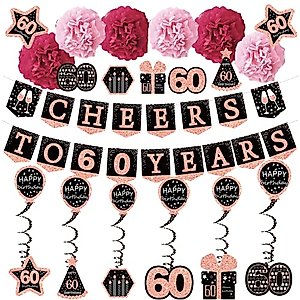 60th birthday decorations for women - (21pack) cheers to 60 years rose gold glitter banner for women, 6 paper Poms, 6 Hanging Swirl, 7 decorations stickers. 60 Years Old Party Supplies gifts for women