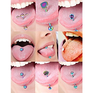 Prjndjw Jewelry, Rainbow, 12PCS, 5/8in(16mm) L. 14G Tongue Ring Surgical Stainless Steel Tongue Piercing Barbell Body Jewelry for Women