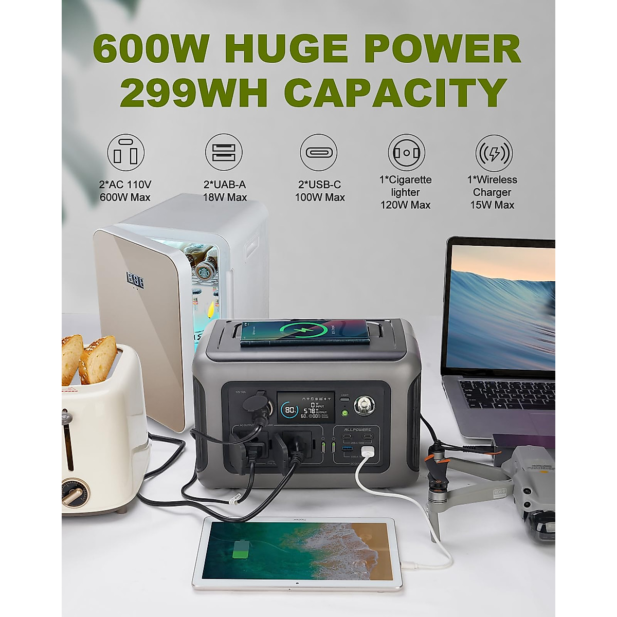 ALLPOWERS R600 Portable Power Station with SP027 solar panel included, 600W 299Wh LiFePO4 Solar Generator with 100W Solar Charger, UPS Battery Backup, MPPT Solar Power for Camping RVs Home