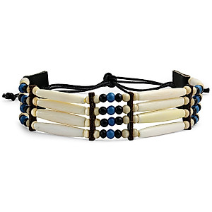 Boho South Western American Indian Style Handmade 3 Row Line Brown Bead Natural Wood Hair Pipe Black Leather Tribal Wide Choker Adjustable Necklace for Women Teens