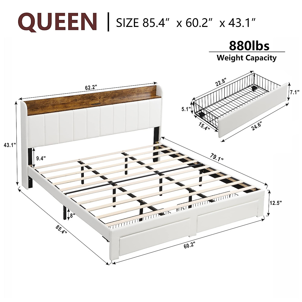 XKLOGER Upholstered Bed Frame Queen Size with Headboard, Platform Queen Bed Frame with Storage Drawers & Charging Station, No Box Spring Needed/Noise Free/Heavy Duty/White