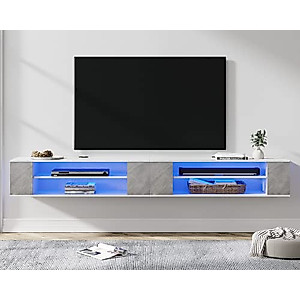 WAMPAT 2-in-1 Piece Floating TV Stand with Led Lights,79" Floating Entertainment Center Up to 80 Inch TVS, TV Cabinet Media Console Wood Storage Hutch Under TV for Living Room,Grey&White