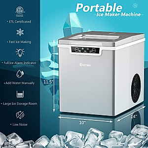 COSTWAY Countertop Ice Maker, 26LBS/24H Portable Electric Ice Machine, 9 Bullet Ice / 7 Mins, Intelligent Alarm System, with Ice Scoop and Basket, for Homes, Offices, Restaurants, Bars (Silver)