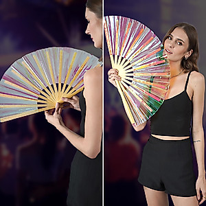 SoJourner Bags Holographic Rave Fan - Festival Fan - Large Folding Fan for Festivals, Halloween, Rainbow Outfits for Women & Rave Accessories - Clack Fan Hand Fan