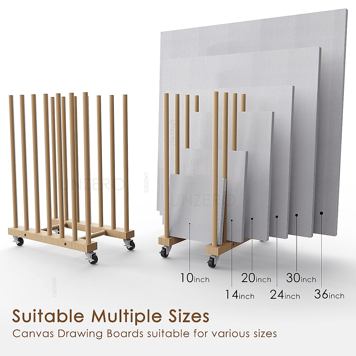 UNZERO Art Storage Rack with Caster Wheels, Wood Storage Stand for Canvas Boards, Panel, Frame, Drawing Board, Printed Matter, Paper Pad, Backing Plate