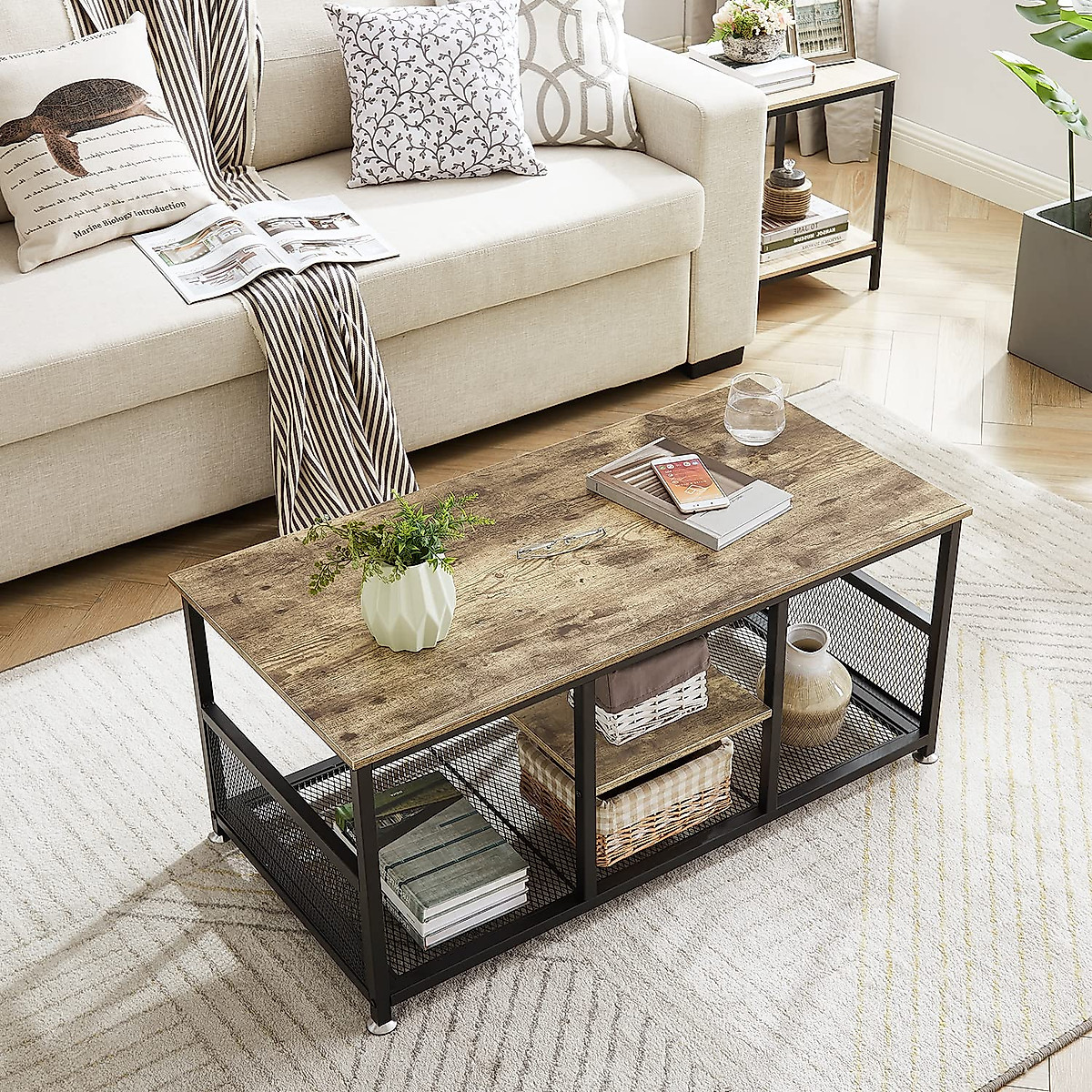 VECELO Coffee Center Table with Storage for Living Room Office Reception, Industrial Mesh Shelf, 39.4 Inch, Grey