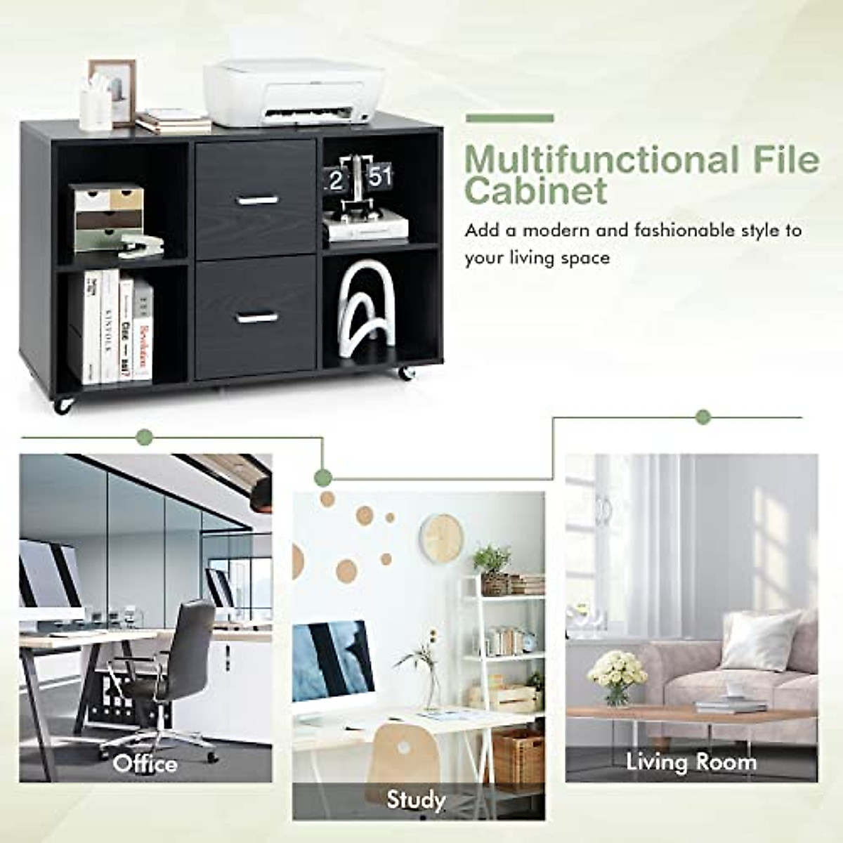 IFANNY 2 Drawer File Cabinet, Lateral Filing Cabinet with Shelves & Wheels, Black Buffet Sideboard, Rolling Storage Cabinet, Wood Cabinets for Home Office, Dining Living Room, Kitchen, Bedroom