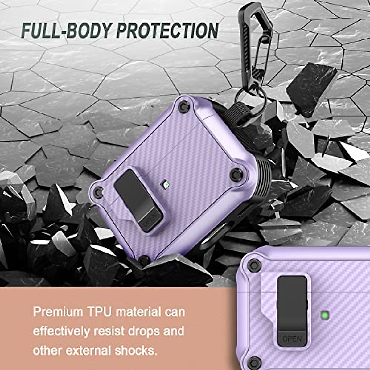RFUNGUANGO for AirPods Pro 2nd /1st Generation Case Cover, Automatic Pop-up Carbon Fiber Case with Secure Lock Clip, Full Body Shockproof Hard Shell Protective Case for AirPods Pro 2022/2019- Purple