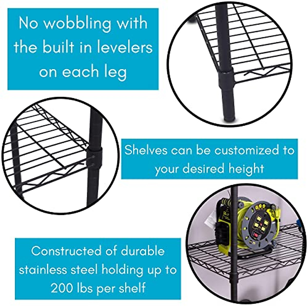 BIRDROCK HOME 5-Tier Wire Shelving, Flat Black, Heavy Duty Shelf, Wide Adjustable Rack Unit, Kitchen Storage