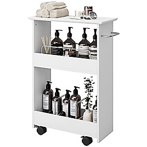 Tangkula Slim Bathroom Storage Shelves, Wooden Rolling Storage Cabinet w/ 3-Tier Shelves, Lockable Wheel, Towel Bar, Side Storage Organizer for Kitchen, Bathroom, Laundry, 18 x 8 x 25.5 inches (White)
