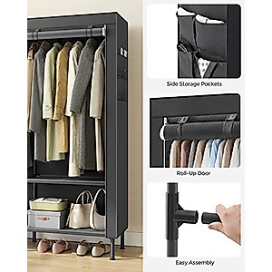 SONGMICS Garment Rack Heavy Duty Clothes Rack, 65 Inch Freestanding Portable Wardrobe Closet with Hanging Rails and Shelves, Total Load 242 lb, Easy Assembly, for Cloakroom Bedroom, Black URDR301B02