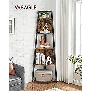 VASAGLE 71.6 Inch Tall Corner Shelf, 5 Tier Rustic Corner Bookshelf Bookcase, Corner Ladder Shelf Multipurpose, Plant Stand for Living Room, Bedroom, Kitchen, Brown and Black ULLS804B01