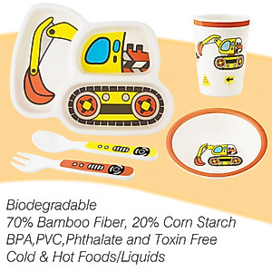 Kids Tableware Set, Included Plate Bowl Cup Fork and Spoon 5-Piece Set - Toddler Plates Dinnerware Dinner Dish Set Baby Feeding Divided Plate - Child Portion Control Bamboo Eco-Friendly