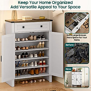 Shoe Storage Cabinet, 5-Tier Farmhouse Shoe Cabinet with Adjustable Shelves & Drawer, Wooden Shoes Rack Cabinet Shoe Storage Organizer with Doors for Entryway, Hallway, Closet, Living Room, White