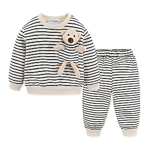 Mud Kingdom Toddler Boys Jogger Sets Fleece Lined Funny Cartoon Bear Stripe Beige 4T