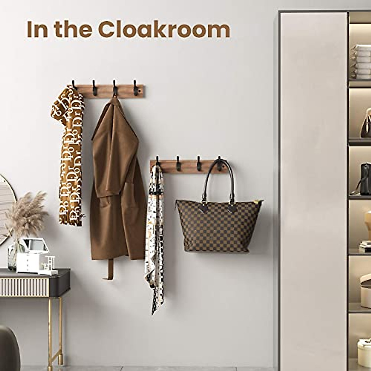 AMADA HOMEFURNISHING Coat Rack Wall Mount 2 Packs, Entryway Coat Rack with 4 Wall Hooks, Coat Hat Hanger for Wall Organized and Storage in Living Room, Bedroom Wooden AMCR03