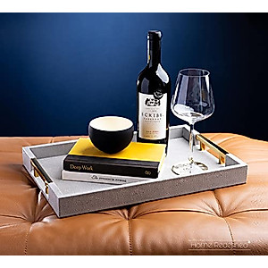 Modern Elegant 18"x12" Rectangle Grey Glossy Shagreen Decorative Ottoman Coffee Table Perfume Living Room Kitchen Serving Tray with Gold Polished Metal Handles by Home Redefined for All Occasion's