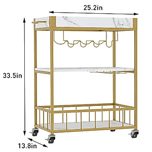 Azheruol Bar Cart White Marble 3 Tiers Removable Storage Tray with Wine Rack & Wine Glasses Holder,Rolling Beverage Cart,Mobile with Handle, Wood & Gold Steels Home Kitchen Shelf for Party