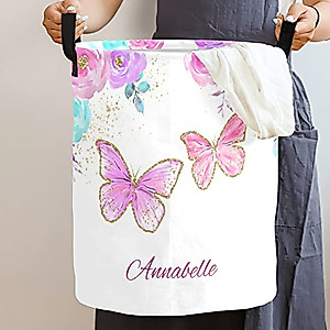 Butterfly Floral Personalized Waterproof Foldable Laundry Basket Bag with Handle, Custom Collapsible Clothes Hamper Storage Bin for Toys Laundry Dorm Travel Bathroom