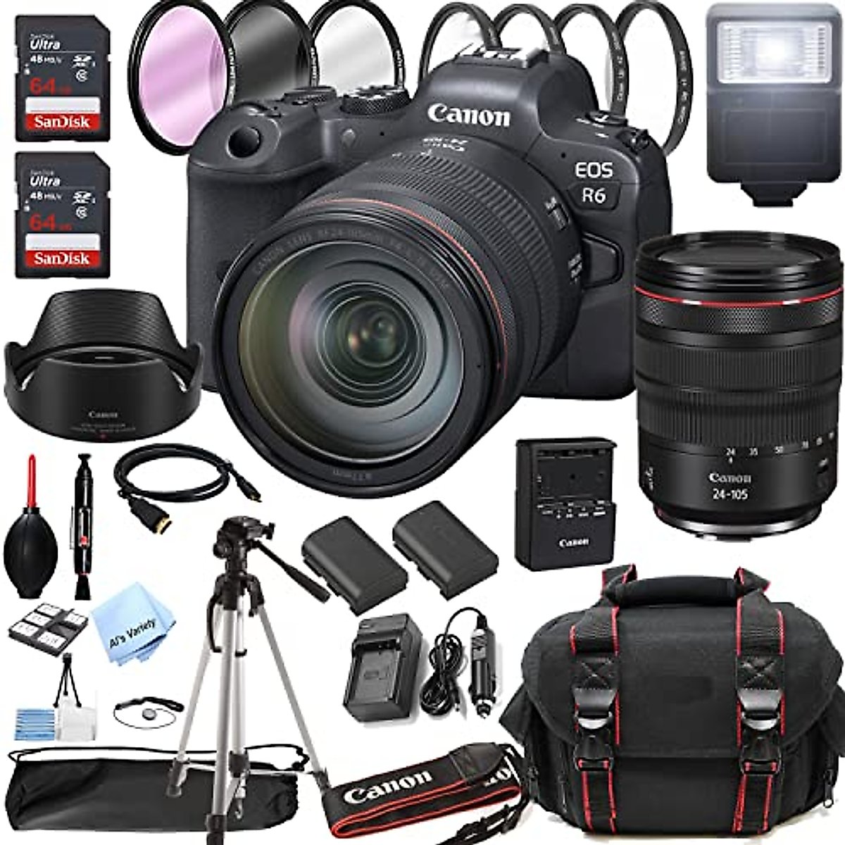 EOS R6 Mirrorless Digital Camera with RF 24-105mm f/4 L is USM Lens + 128GB Memory + Case + Tripod + Filters (38pc Bundle)