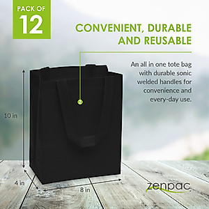 Reusable Gift Bags - 12 Pack Small Totes with Handles, Black Eco Friendly Fabric Cloth for Shopping, Merchandise, Events, Parties, Take-Out, Boutiques, Retail Stores, Small Business Bulk - 8x4x10