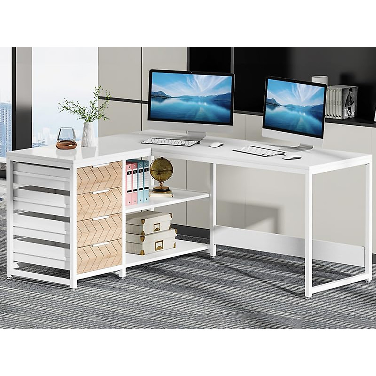 Tribesigns L Shaped Computer Desk with Storage Drawers, 59 inch Corner Desk with Shelves, Reversible L-Shaped Office Desk Study Writing Table Workstation for Home Office, White