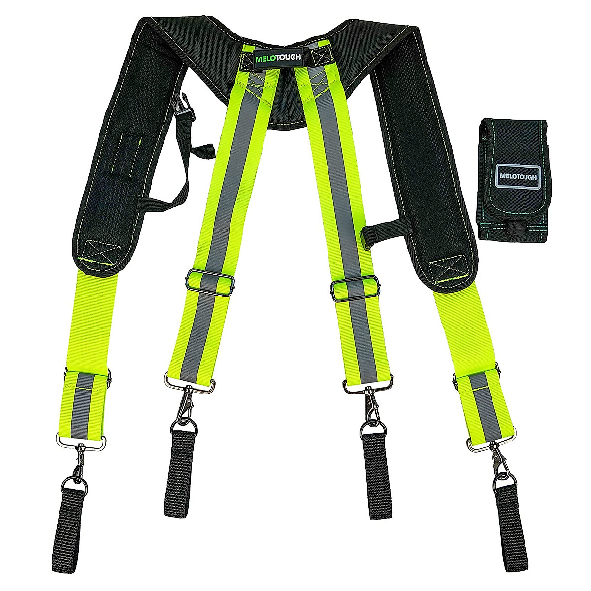 MELOTOUGH Reflective Safety Suspenders Tool Belt Suspenders Construction Work Suspenders with detachable phone holder comfortable foam shoulder padder (Lime)