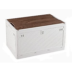 Radefasun Foldable Storage Bins with Wood Lids Plastic Collapsible Storage Box with Cutting Board Portable Stackable Grocery Container Folding Latching Storage Crate with Removable Pulley (S, White)