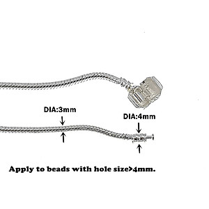 Kinteshun Snake Bracelet Chain,Silver Plating European Bead Charm Wristlet Bracelet Chain with Snap Barrel Clasp(2pcs,3mm&6.7 inches)