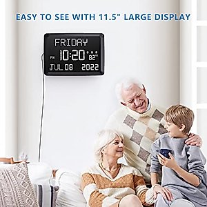 Raynic Digital Clock, 11.5" Large LED Word Display Dimmable Digital Wall Clock,Adjustable Brightness Digital Alarm Clock with Day and Date,Indoor Temperature,Snooze,12/24H,DST for Home, Office,Elderly