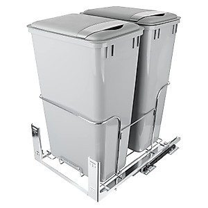 Pull-Out Trash Can, 50Qt Double Bins, Under Mount Waste Container with Soft-Close Slides, 176 lbs Load Capacity & Door-Mounted Brackets Garbage Recycling Bin with Lids for Kitchen Home Cabinet (2pack)