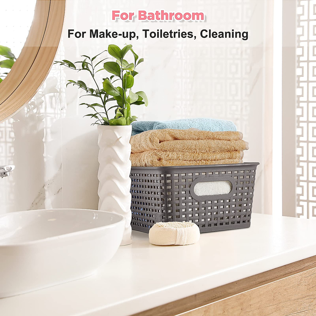 AREYZIN Plastic Storage Baskets With Lid Organizing Container Lidded Knit Storage Organizer Bins for Shelves Drawers Desktop Closet Playroom Classroom Office, 6 Pack