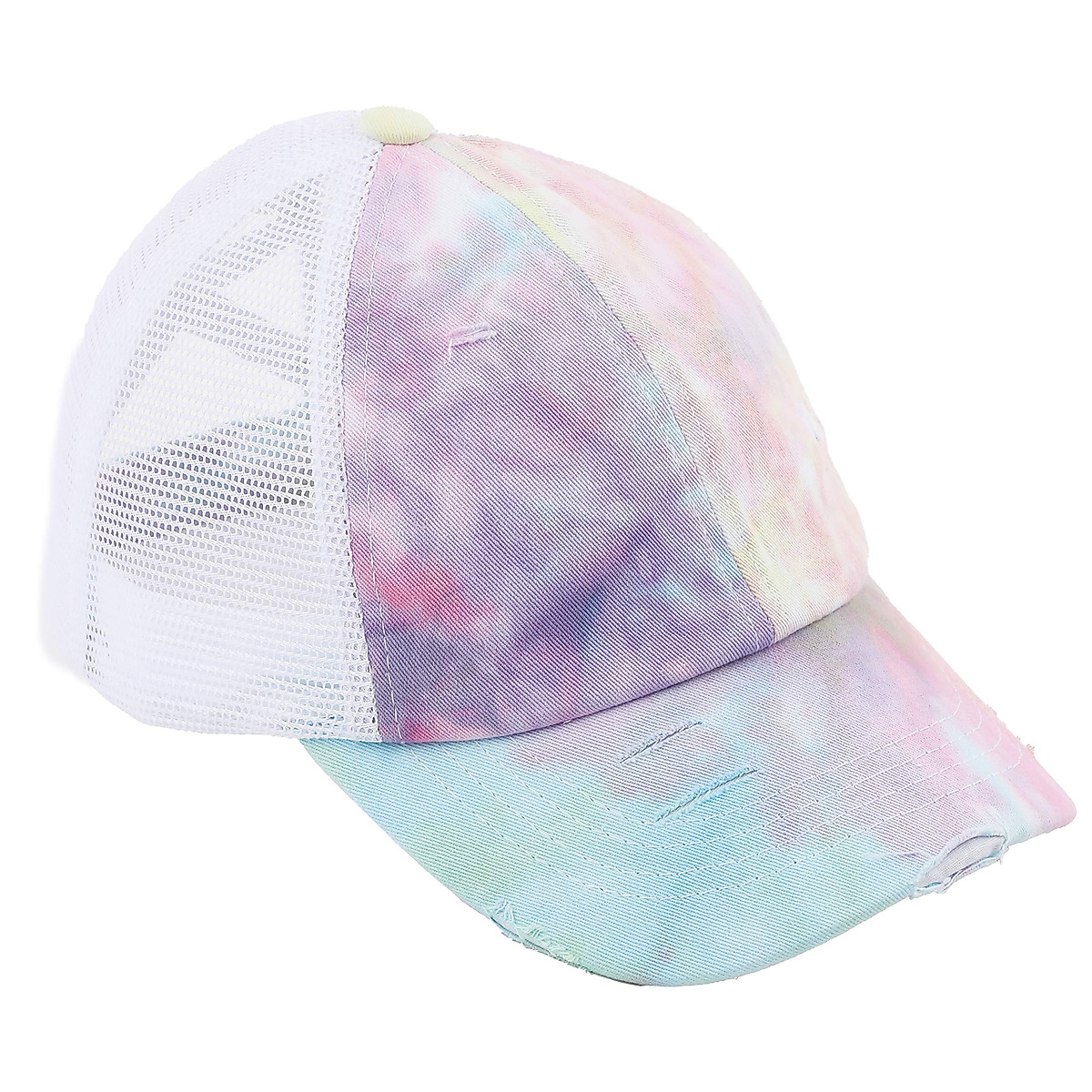 C.C Exclusives Washed Distressed Cotton Denim Criss-Cross Ponytail Hat Baseball Cap Bundle Hair Tie (BT-924) (A Elastic Band-Tie-Dye Cotton Candy with Mesh)