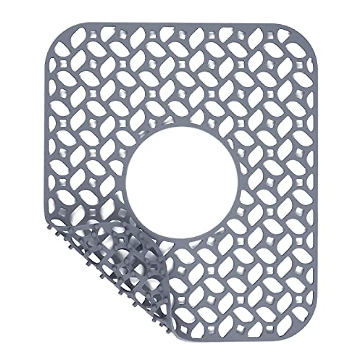 JUSTOGO Silicone Sink Mat, Grey Kitchen Sink Mats Grid Accessory, 1 PCS Folding Non-slip Sink Protector for Bottom of Farmhouse Stainless Steel Porcelain Sink (Center Drain, 13.58''x 11.6'')