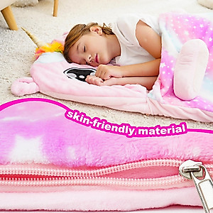 Kid Sleeping Bag with Pillow - Larger Toddler Nap Mat - Plush Unicorn Slumber Bag for Boys Girls Daycare Preschool Kindergarten Birthday Gift Travel Sleepover Ages 3-12 Years