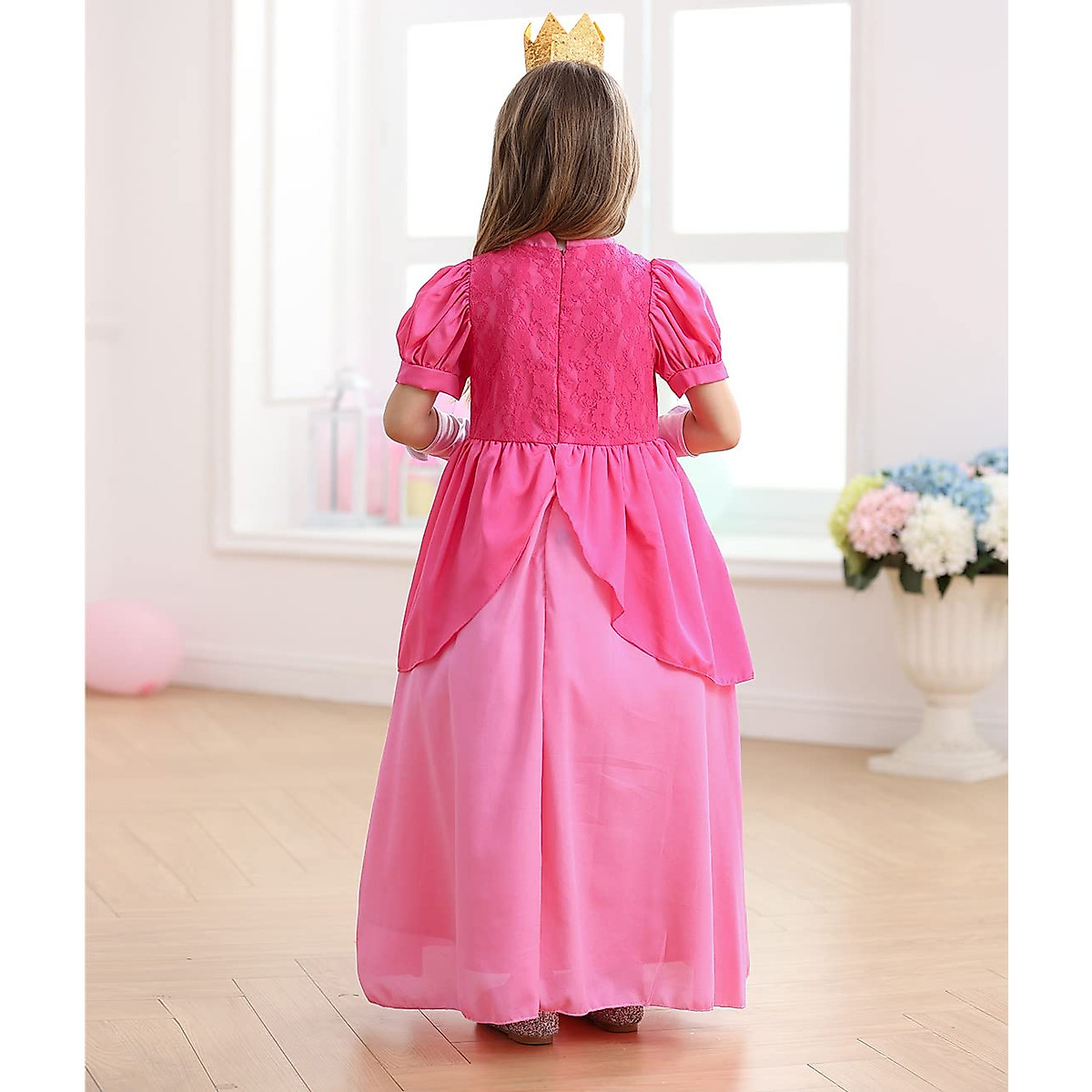 Luzlen Princess Peach Costume for Girls Kids Toddler Princess Peach Dress Halloween Cosplay Birthday Party Pink Outfits, 6-7Y(Tag 130)