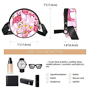 Flamingo and Pink Flower on Polka Dots Crossbody Bag for Women Teen Girls Round Canvas Shoulder Bag Purse Tote Handbag Bag