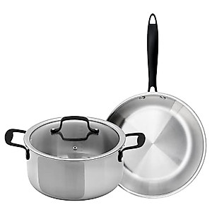 GrandTies Tri-Ply Stainless 3-Piece Induction Pots and Pans Set, Casserole Stockpot, Frying Pan, Kitchen Cooking Pot with Lid and Black Metal Handle, Dishwasher Safe Cookware