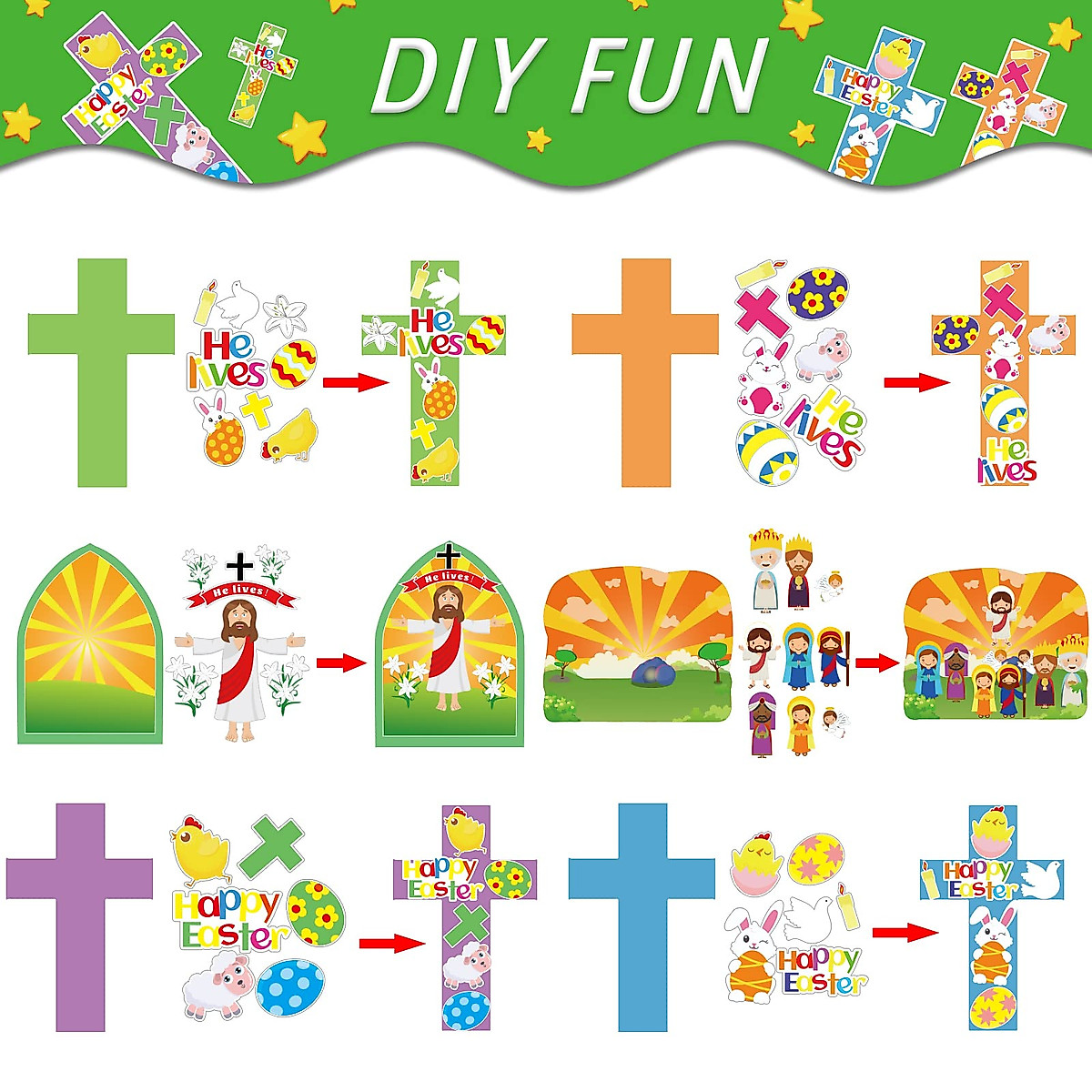 30 Sets Easter Jesus He is Risen Craft Kits for Kids DIY Easter Religious Crosses Art Craft Make a Easter Jesus Resurrection Scene Ornament Spring Christian Creative Art Projects, Kids Party Favors
