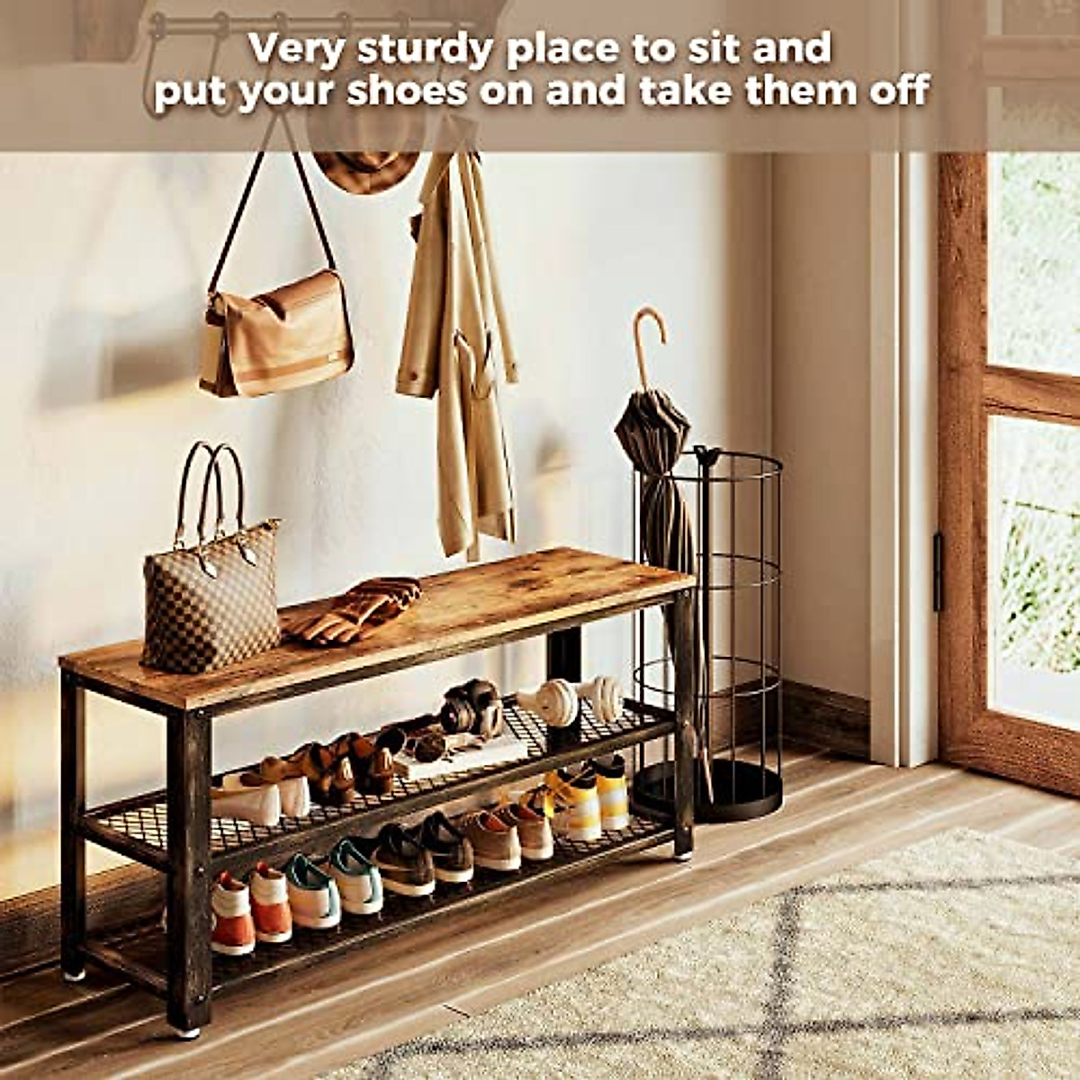 Rolanstar Shoe Bench, 3-Tier Shoe Rack, 39.4” Storage Entry Bench with Mesh Shelves Wood Seat, Rustic Foyer Bench for Hallway Front Door, Doorway, Living Room, Mudroom, Steel Frame, Rustic Brown