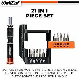 WELLCUT 21-Piece Precision Multi-Purpose Screwdriver Set Bit Set with Rotatable Pole and Anti-Slip Handle, Work Repair Tool for Household Appliances, Electronics, Crafts & DIY, WC-MPS21U