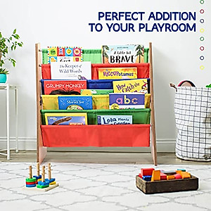 Sagler Toddler Book Shelf Organizer - Wooden Kids Book Case Storage & Magazine Rack with 5 Multicolored Nylon Fabric Shelves - Easy-to-Reach Kids Bookshelf for Nursery, Bedroom, Playroom, Classroom