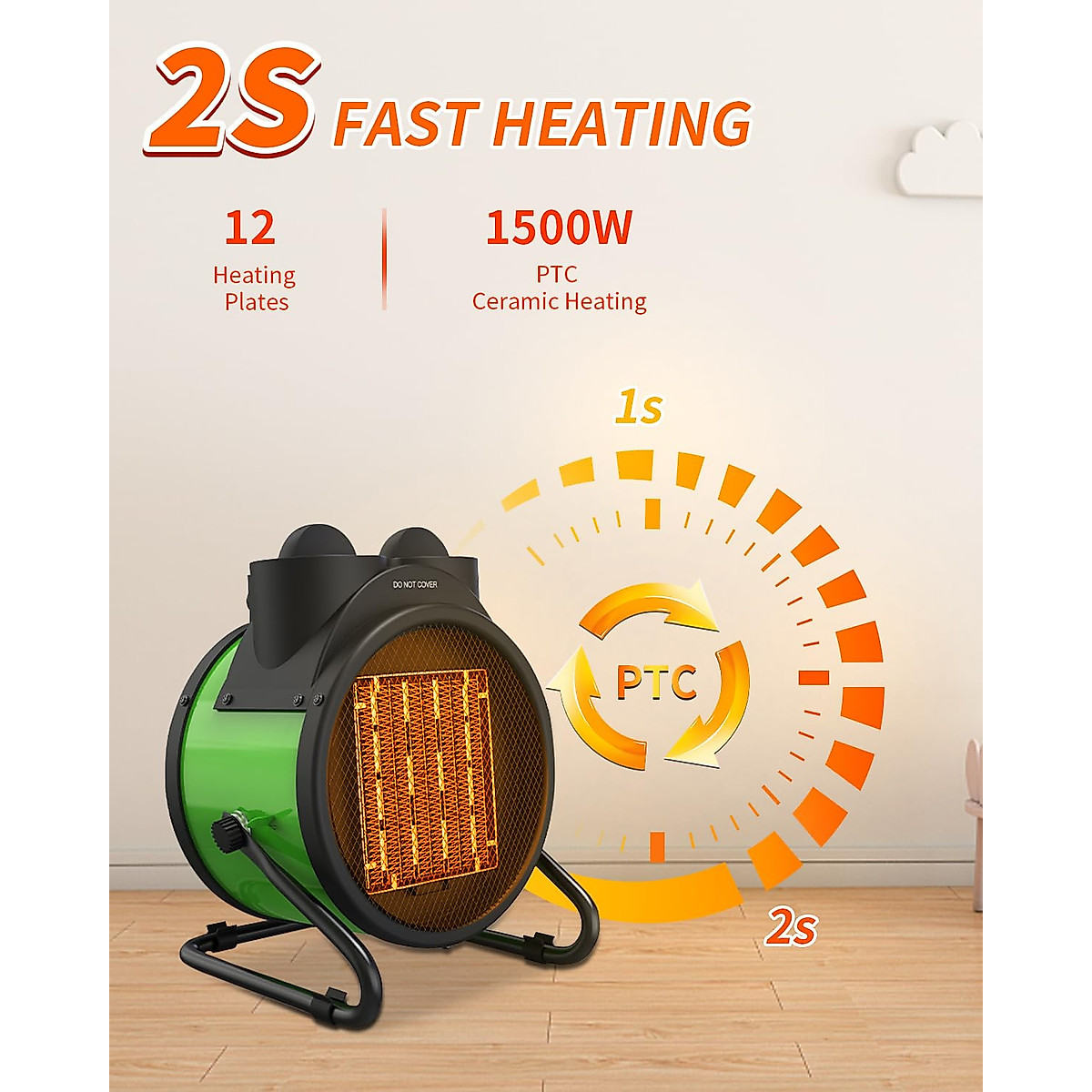 Buyplus Outdoor Heater, 1500W Portable Garage Heater with 90°Adjustable Angle, Overheat Protection & 2S Fast Heating, Electric Space Heater for Patio, Garage, Greenhouse, Indoor Outdoor Use Green