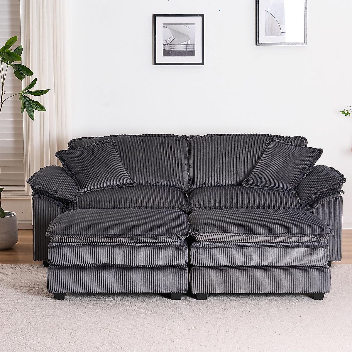 Corduroy Modular Sectional Couch, 84“ Width Oversize Loveseat Sofa, Comfy Plush Cloud Couch Lounge Chair with Ottomans and 2 Pillows for Small Spaces, Living Room, Bedroom, Office (Grey)