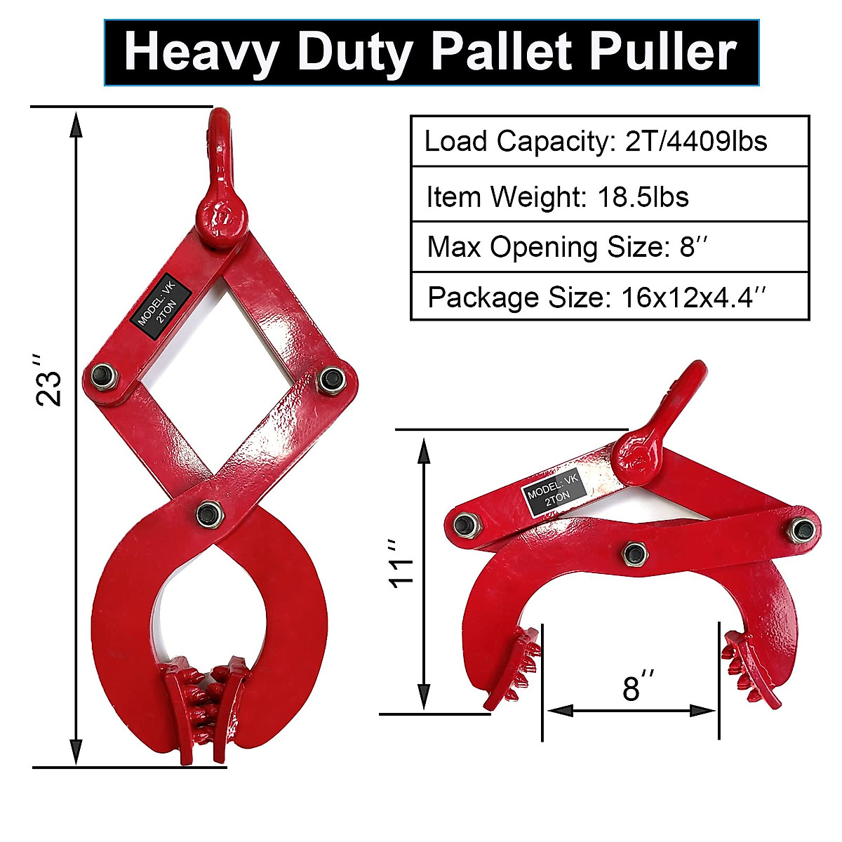 Pallet Puller 2T/4409lbs Capacity Heavy Duty Steel Single Scissor for Pulling Pallets, Woods and Other Things Easily, 8 Inches Bigger Jaw Opening Pallet Grabber