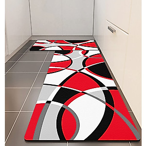 Red Grey Black White Abstract Art Kitchen Rugs and Mats Set of 2 Anti-Fatigue Cushioned Kitchen Floor Mat Non-Slip Backing Washable Kitchen Rugs Set for Home Office Laundry